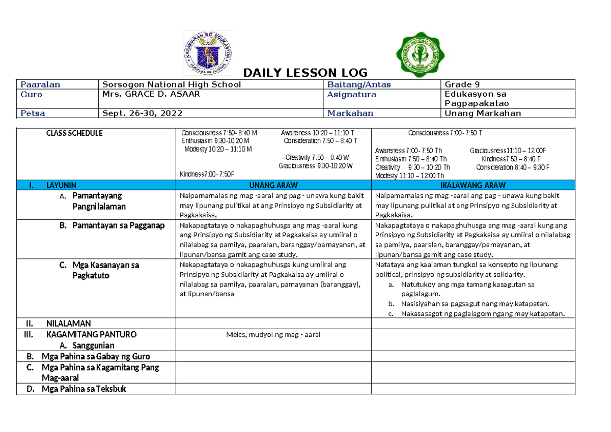 Grade 9 Edukasyon sa Pagpapakatao: Unang Markahan Class Schedule - Studocu