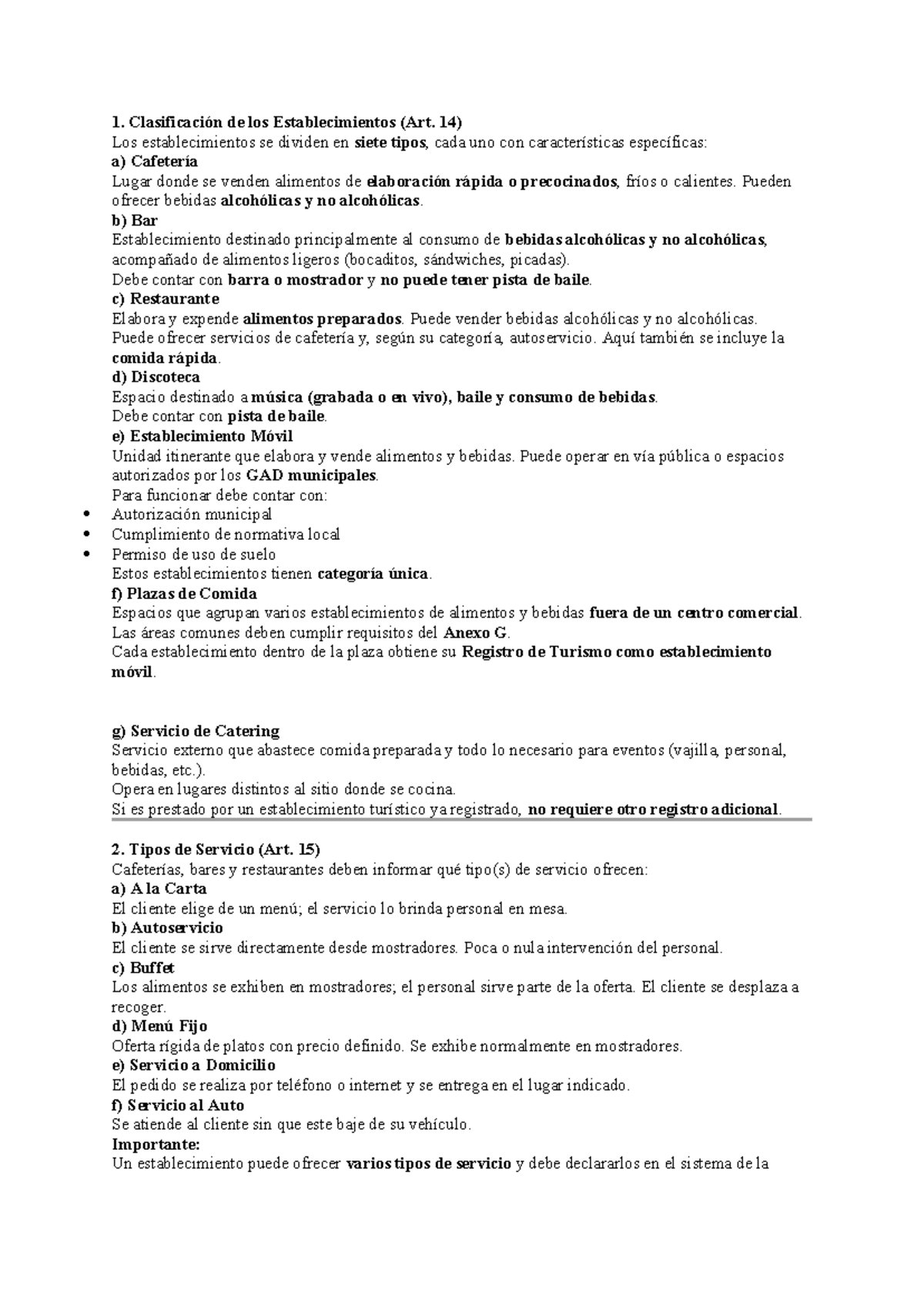 Clasificación de Establecimientos y Tipos de Servicio (Art. 14-15 ...