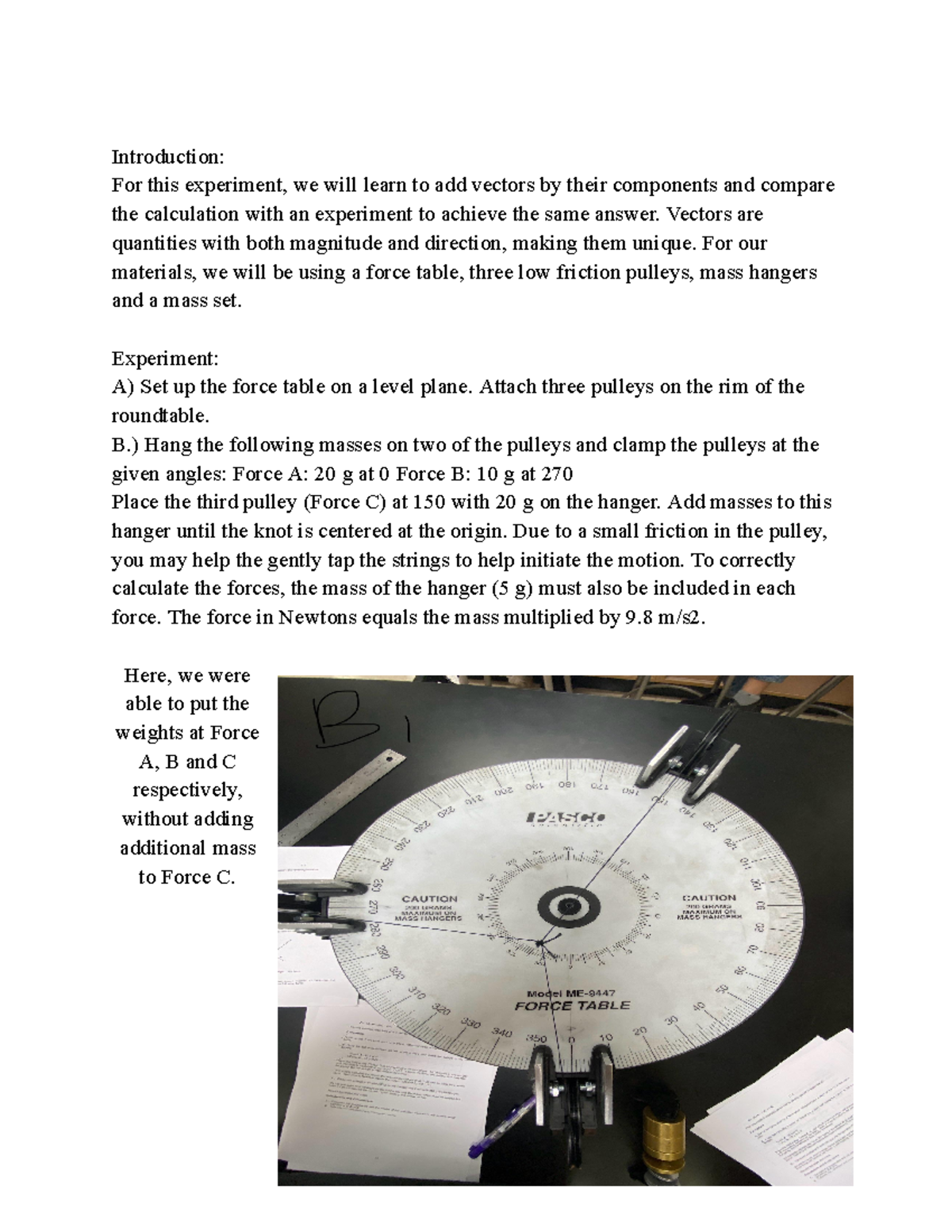 PHYS 110 LAB 4 Vectors - lab - Introduction: For this experiment, we will learn to add vectors ...