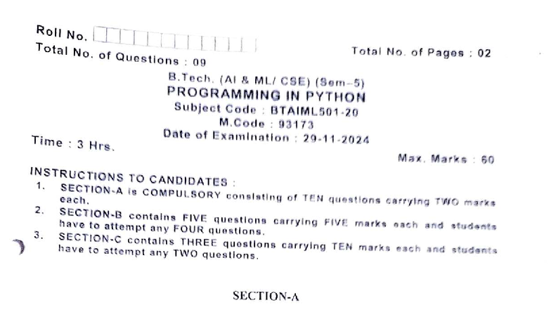B.Tech. (CSE) 09: Programming in Python Exam Paper (M.Code: 93173 ...