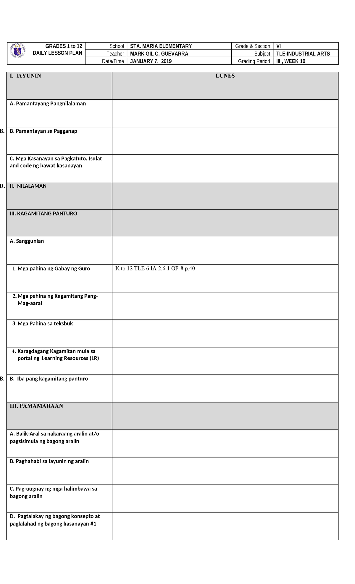 DLP K to 12 TLE 6 IA Lesson Plan - Week 10 (Jan 7, 2019) - Studocu