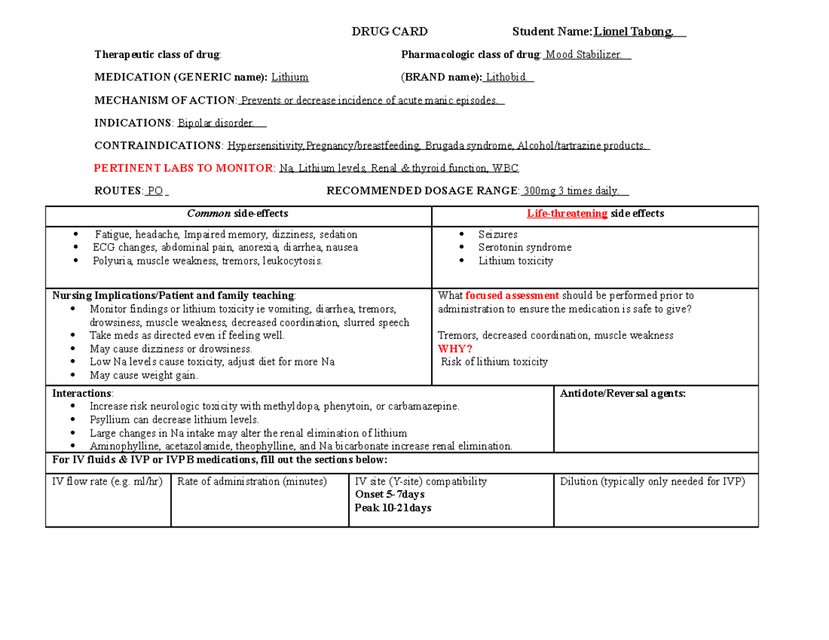 Lithium Carbonate Card copy - DRUG CARD Student Name:Lionel Tabong ...