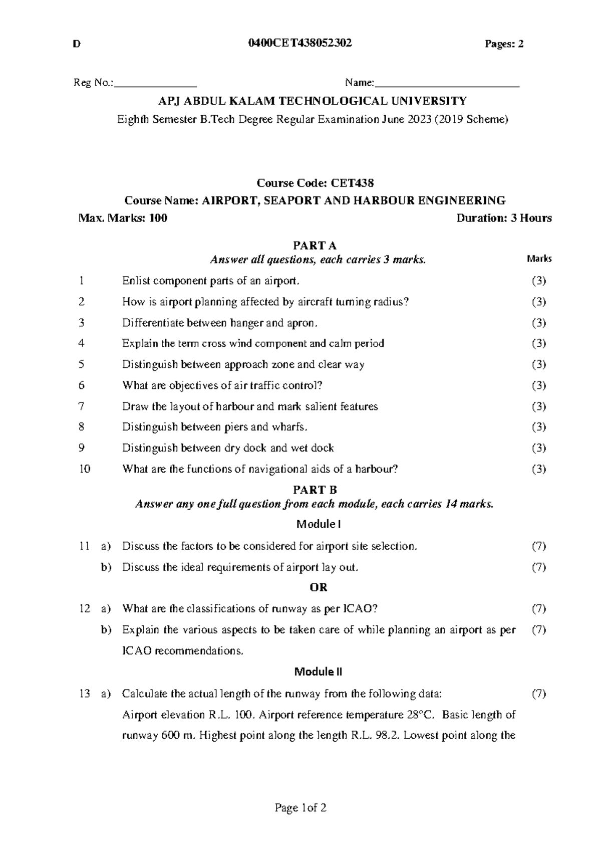 CET438 Airport, Seaport & Harbour Engg - June 2023 Exam Notes - Studocu