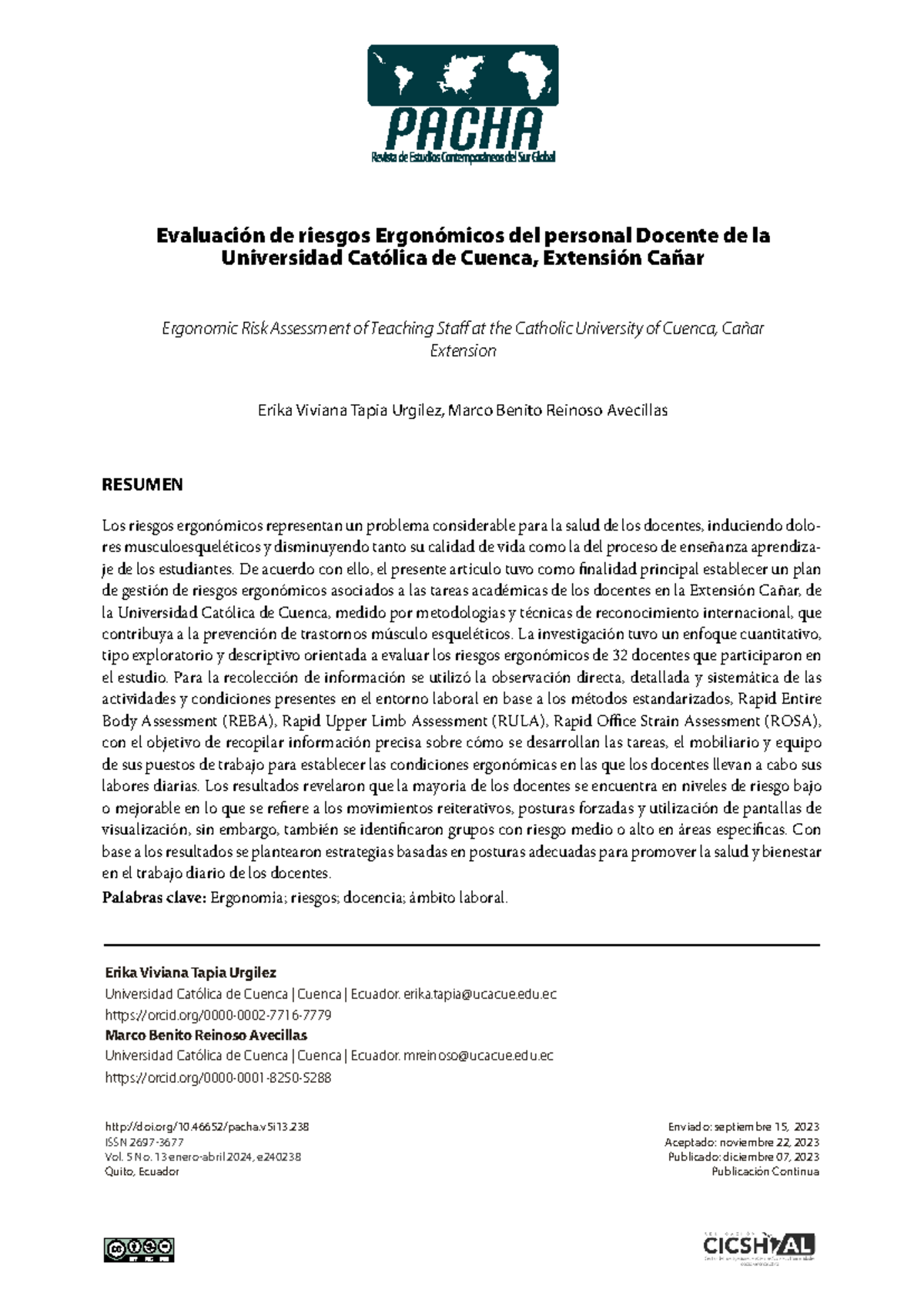 Evaluación de Riesgos Ergonómicos en Docentes de la UC de Cuenca ...