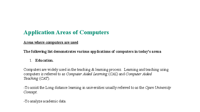 Application Areas of Computers: Uses in Various Industries - Studocu