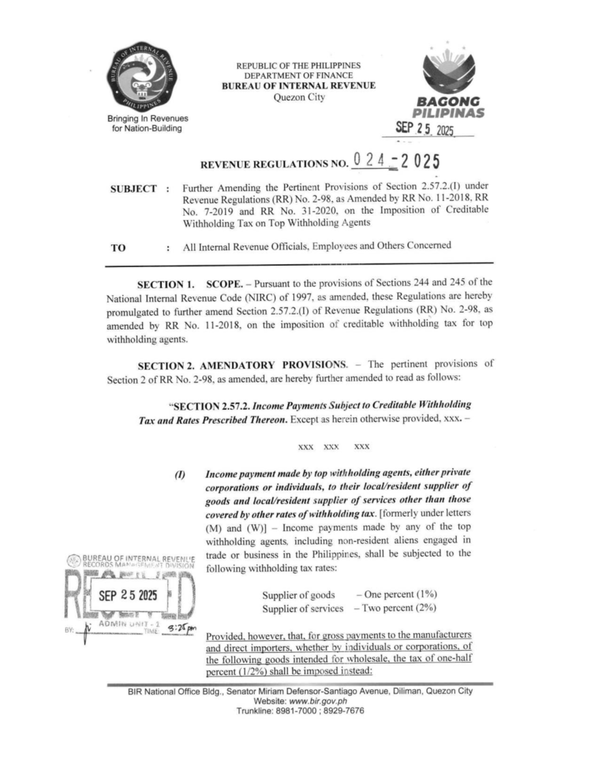 Revenue Regulations No. 24-2025: Amendments on Withholding Tax - Studocu