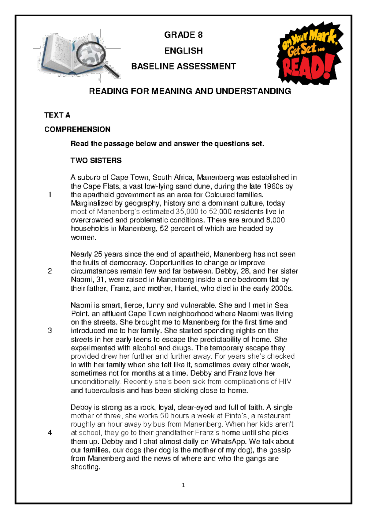 Grade 8 English Baseline Assessment: Reading Comprehension on "Two Sisters" - Studocu