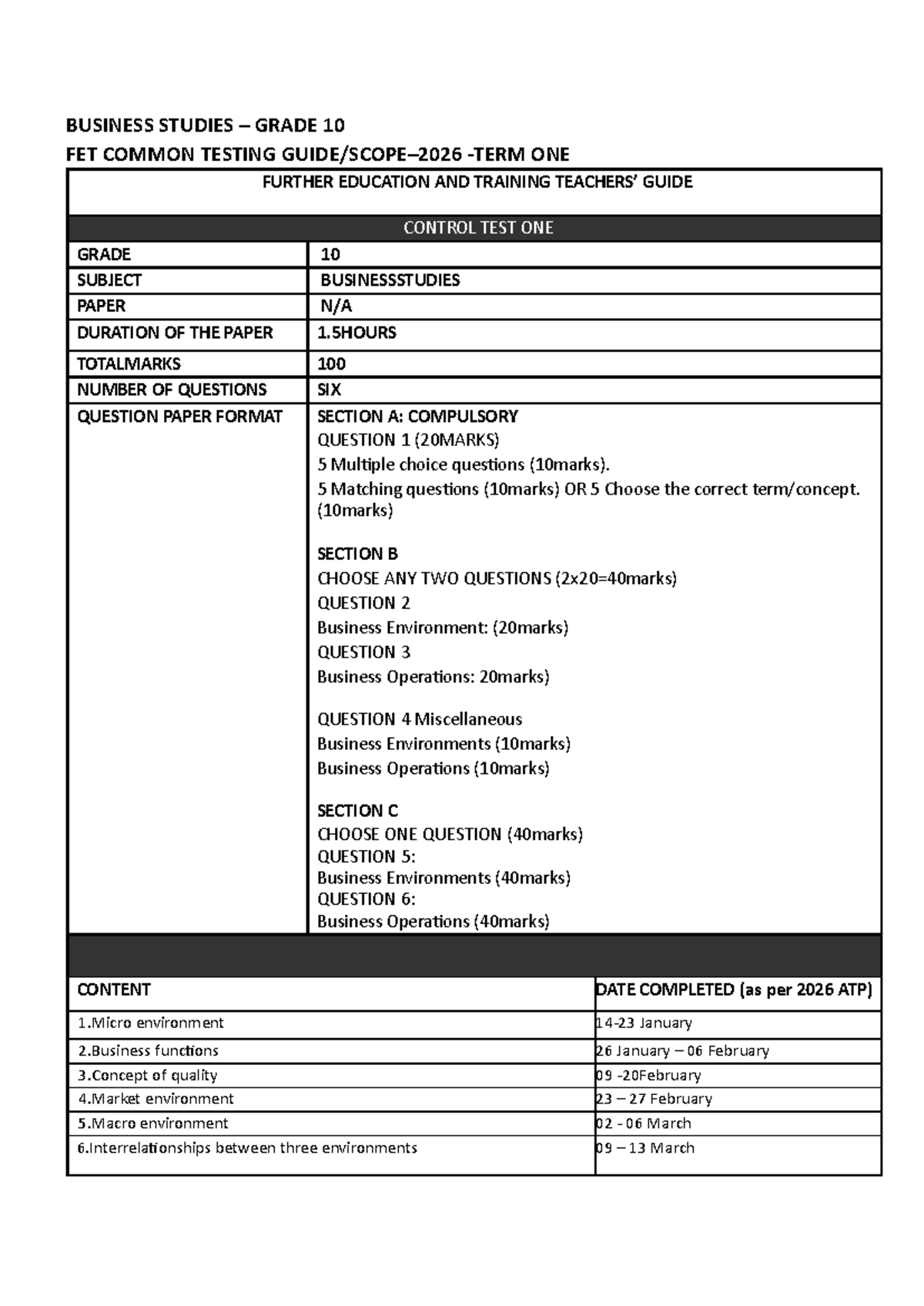 2026 BSTD Grade 10 Business Studies Common Test Guide - Studocu