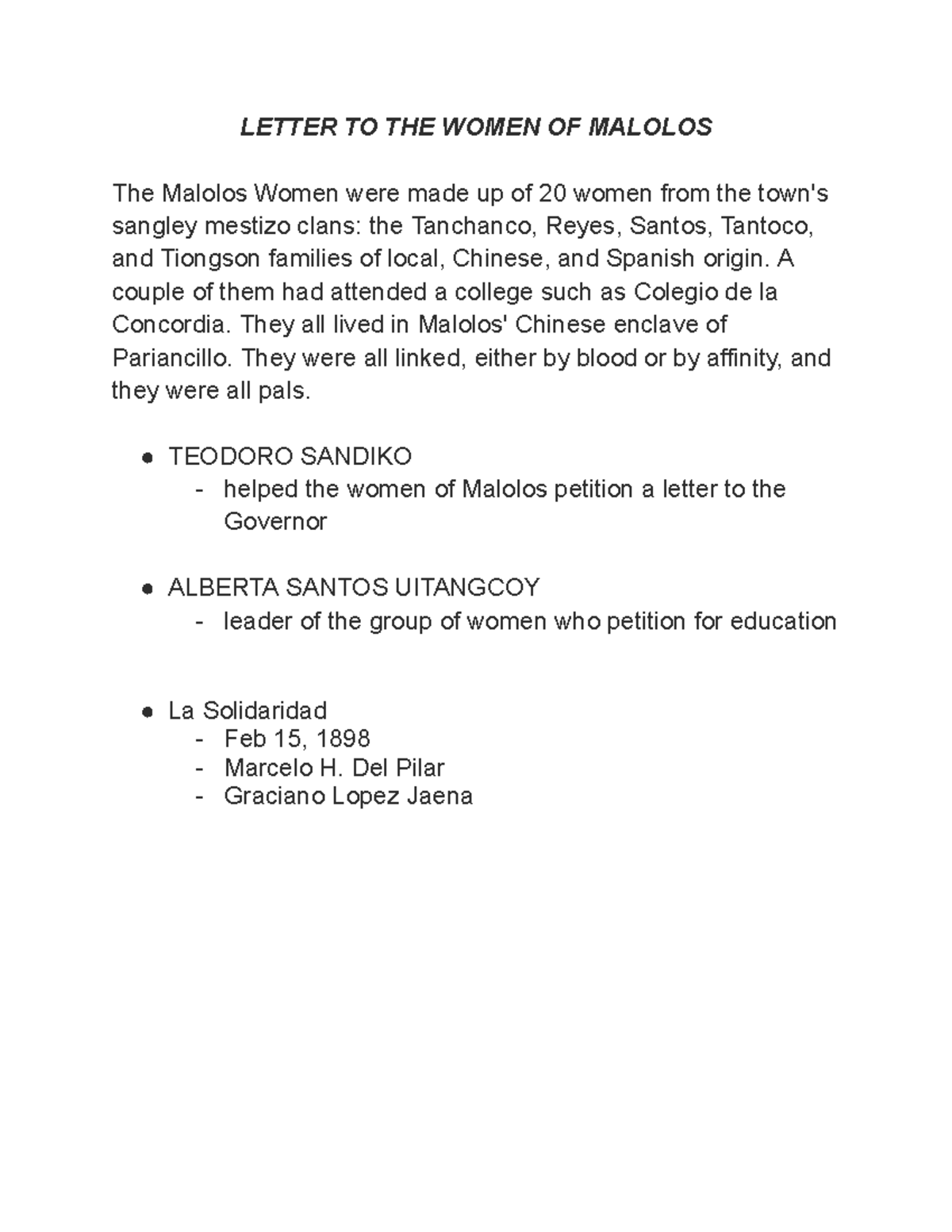 Letter to the Women of Malolos: Historical Insights and Legacy - Studocu