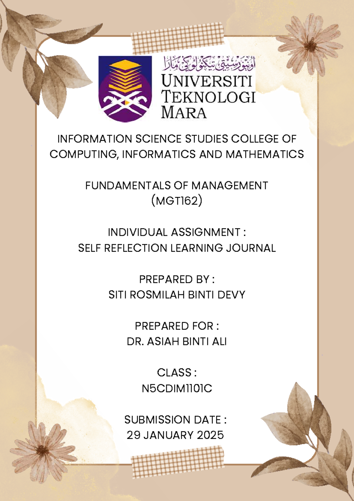 MGT162 Individual Assignment: Self Reflection Learning Journal - Studocu