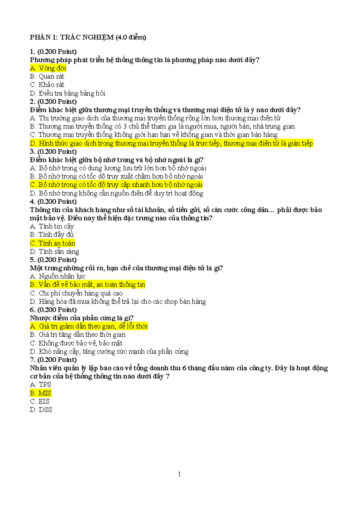 ON TAP THEM HTTT QL: Trắc Nghiệm Hệ Thống Thông Tin Quản Lý (IS 251) - Studocu