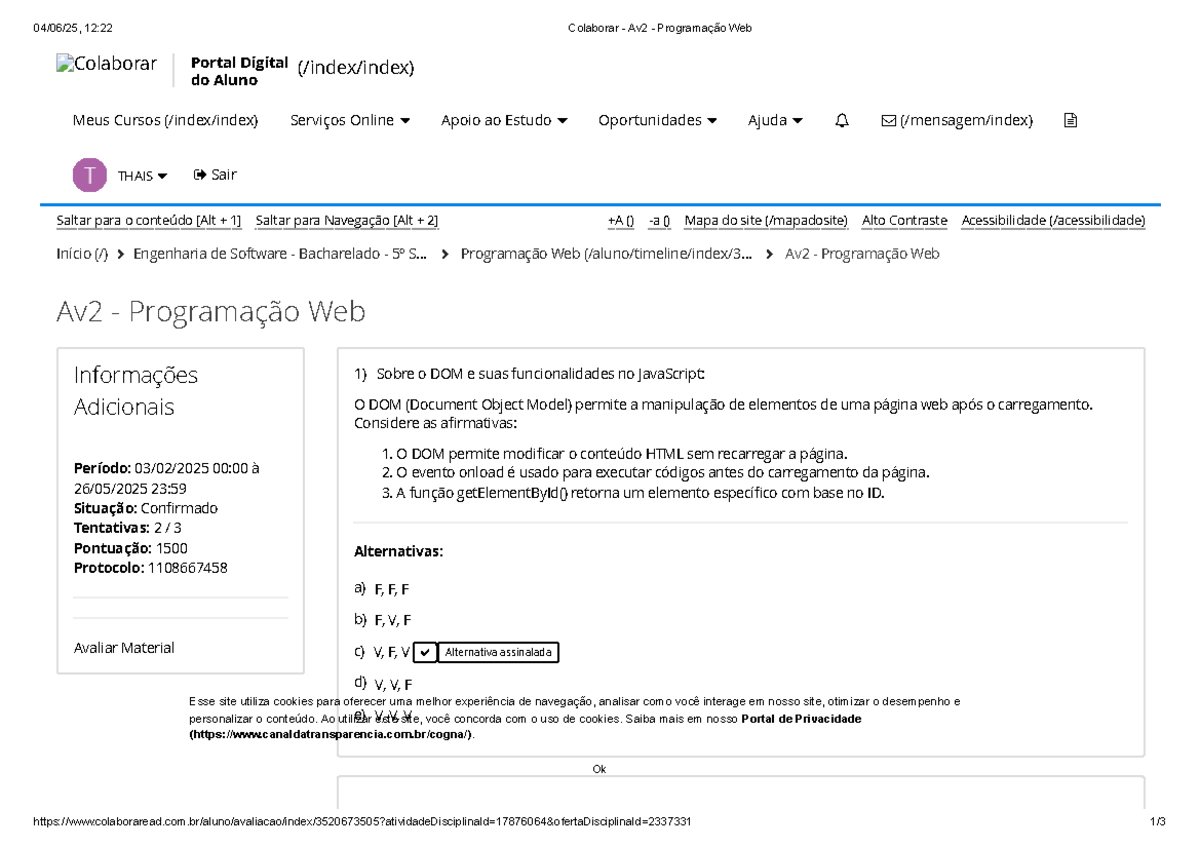 Av2 Programação Web: Questões e Respostas sobre DOM e JavaScript - Studocu