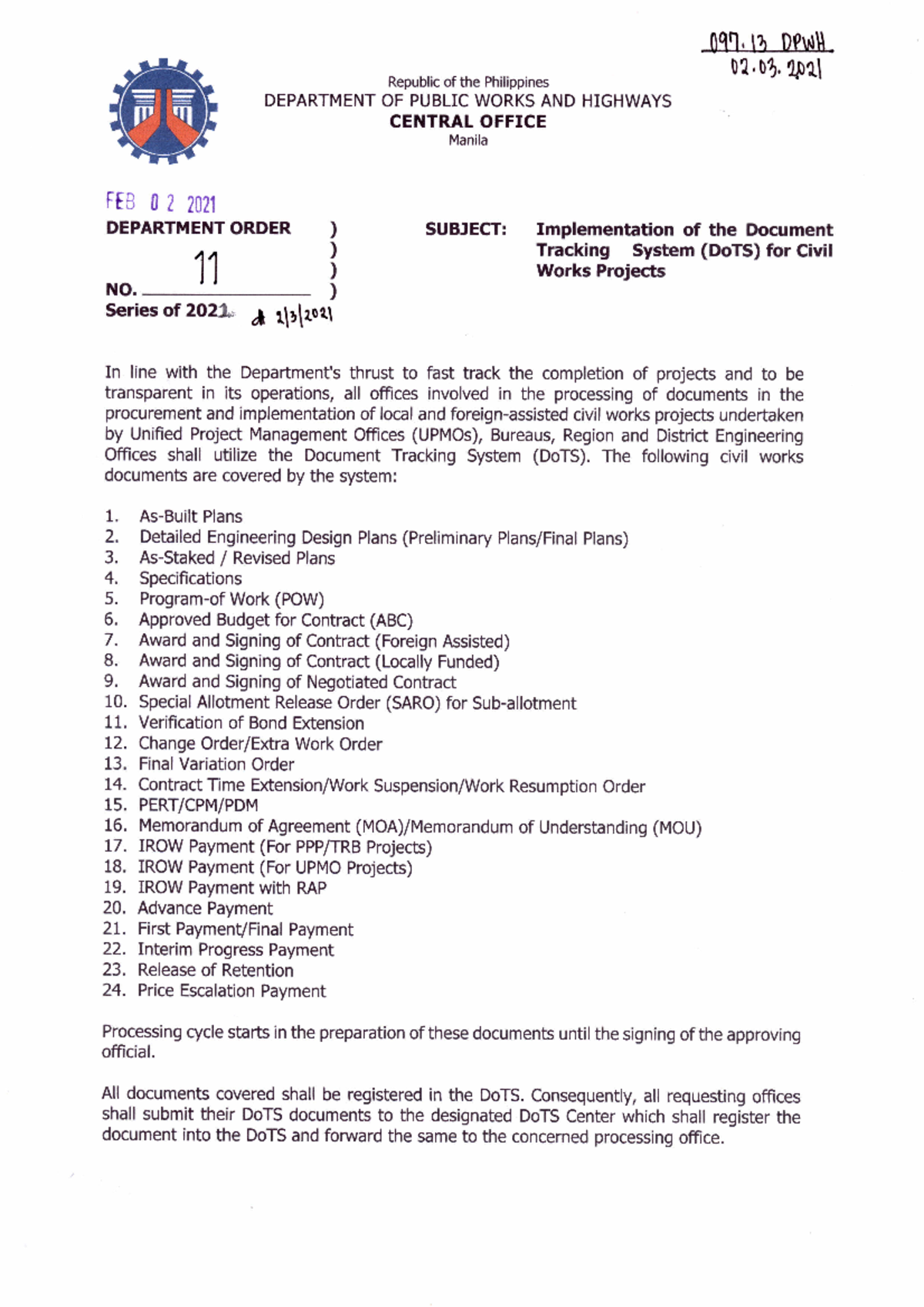 DO 0111 S.2021 - Implementation of Document Tracking System for Civil ...