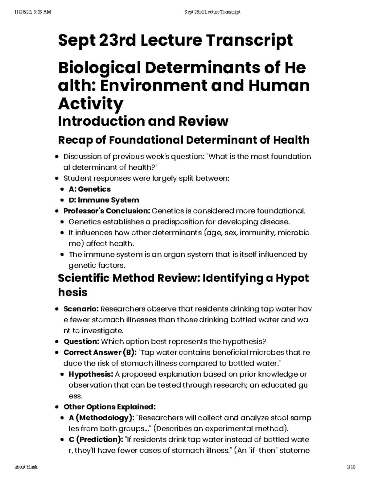 Biological Determinants of Health: Lecture Transcript (Course Code ...
