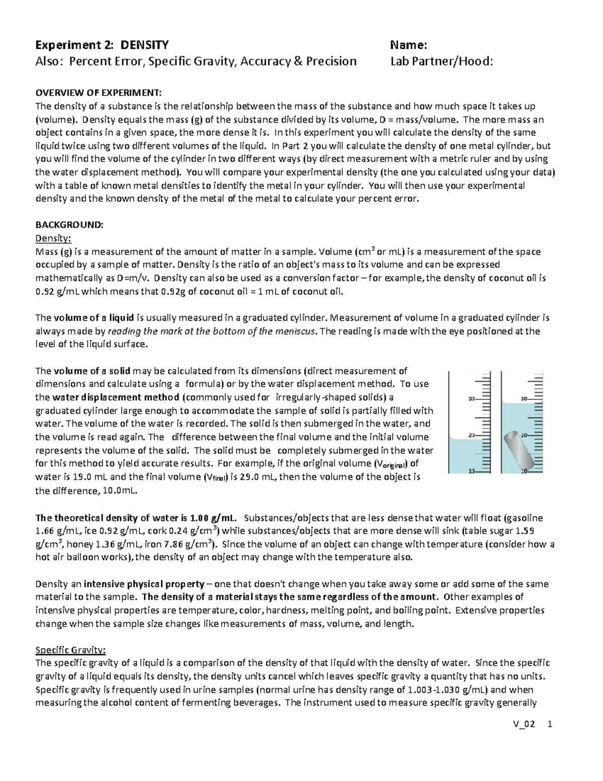 Lab Experiment: Measuring Density, Accuracy, and Precision (Chem 101 ...