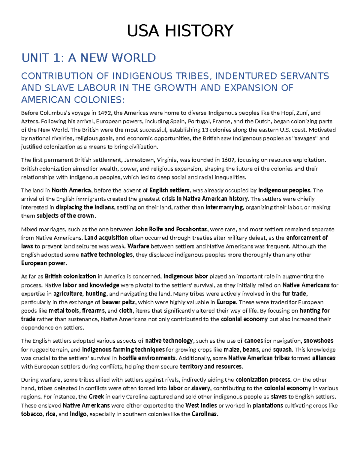 USA HISTORY UNIT 1: INDIGENOUS TRIBES, INDENTURED SERVANTS, AND SLAVERY ...