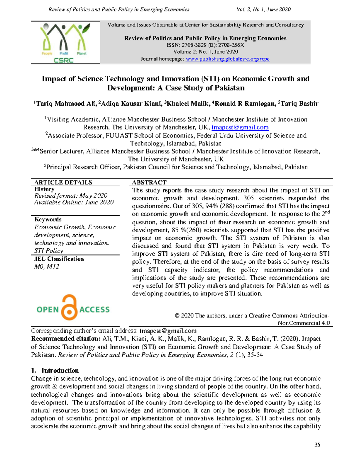 Impact of STI on Economic Growth & Development: A Case Study of ...