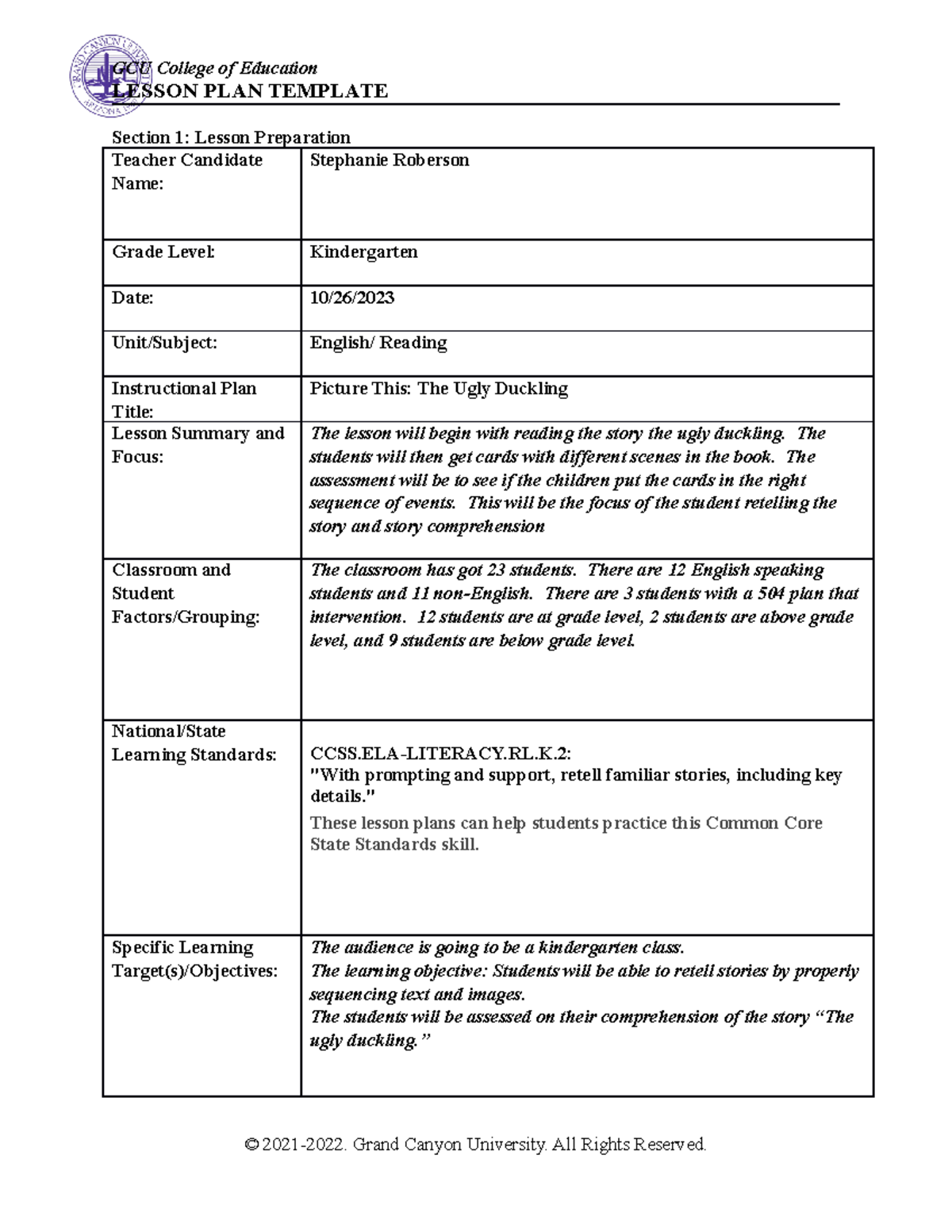 Week5 assign 1 - Discussion - LESSON PLAN TEMPLATE Section 1: Lesson ...