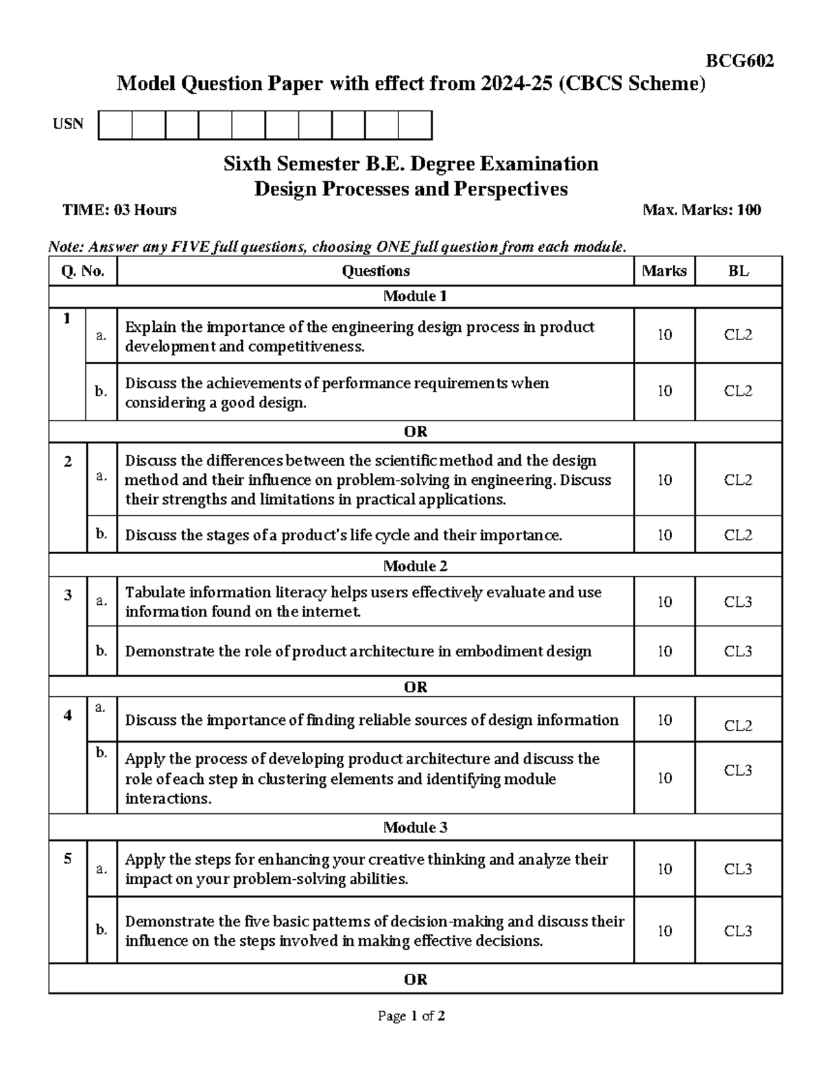 BCG602 Model Question Paper: Design Processes & Perspectives Exam - Studocu