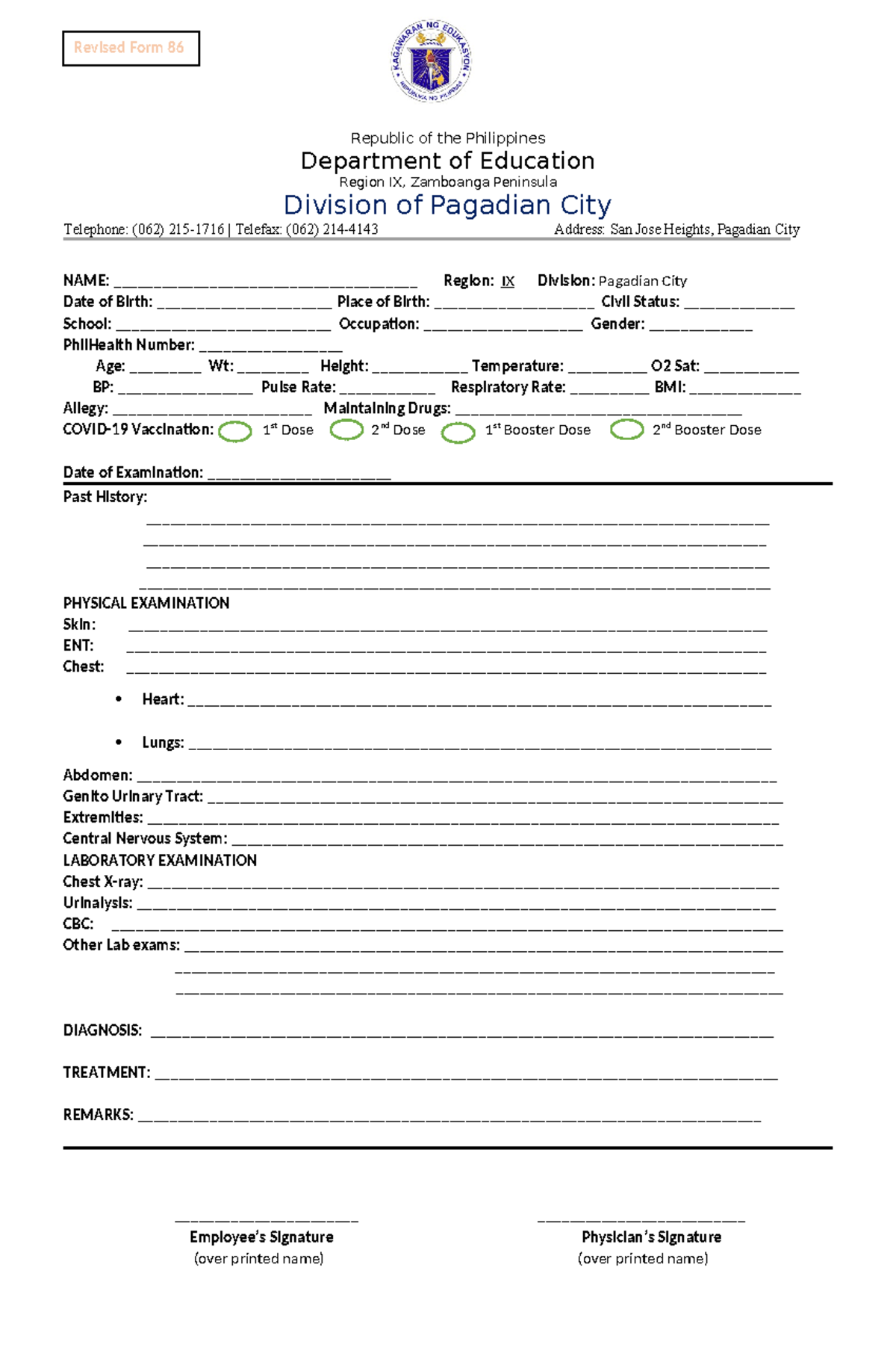 FORM86 - Revised Medical Examination Form for Employees - Studocu