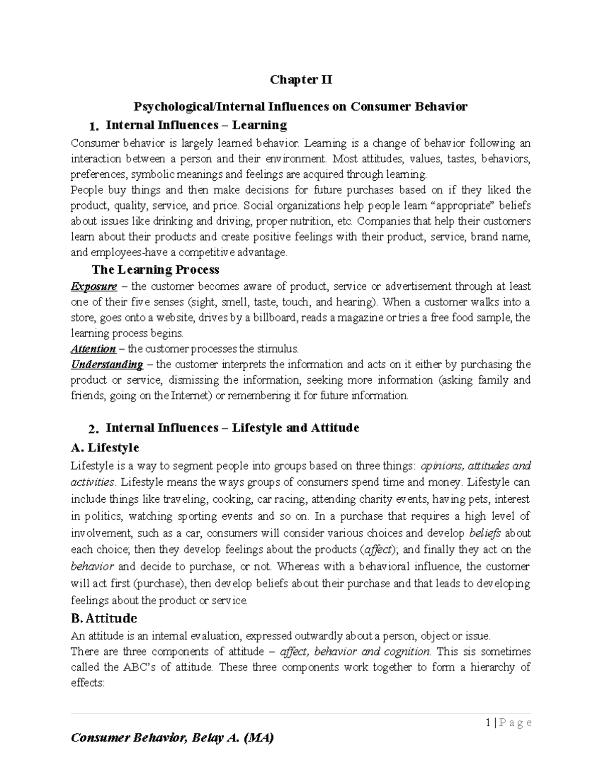 Chapter II - Influences on Consumer Behavior (Consumer Behavior, Belay ...