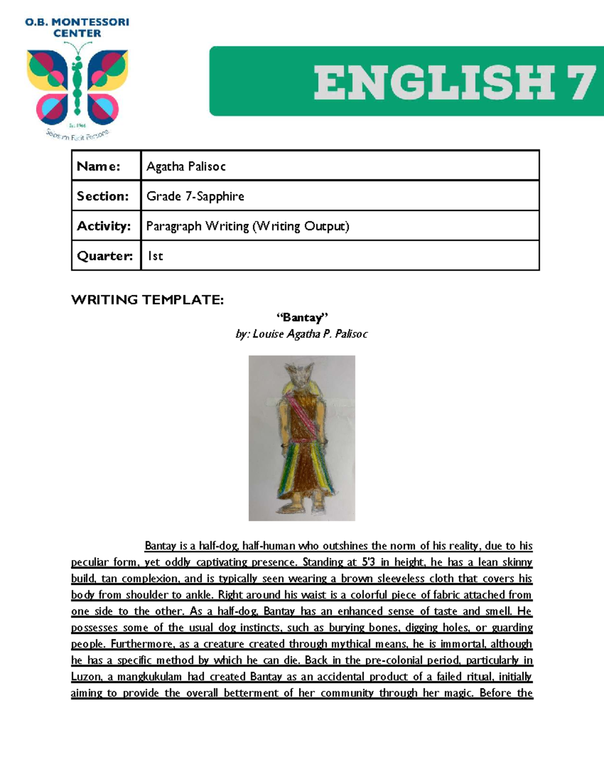 Grade 1st Quarter Writing Output: Paragraph on Bantay - Studocu