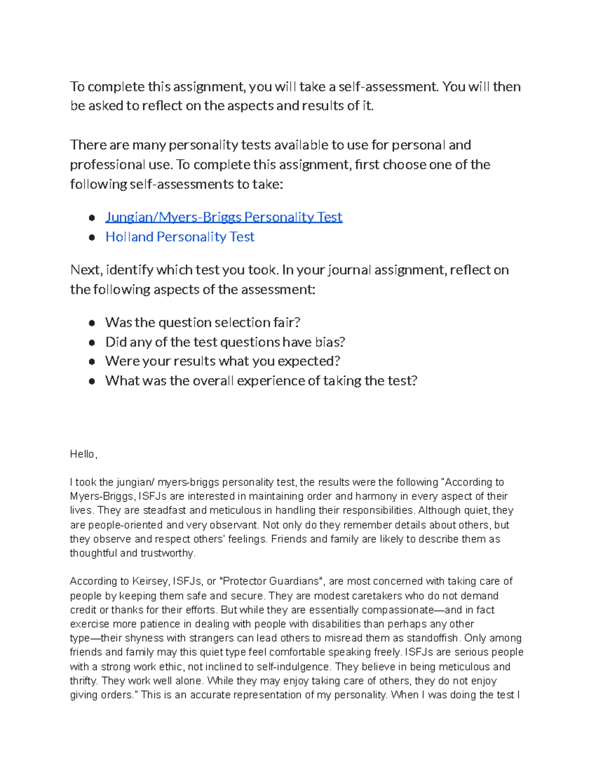 1.2 - Journal Reflection on Jungian/Myers-Briggs Personality Test - Studocu