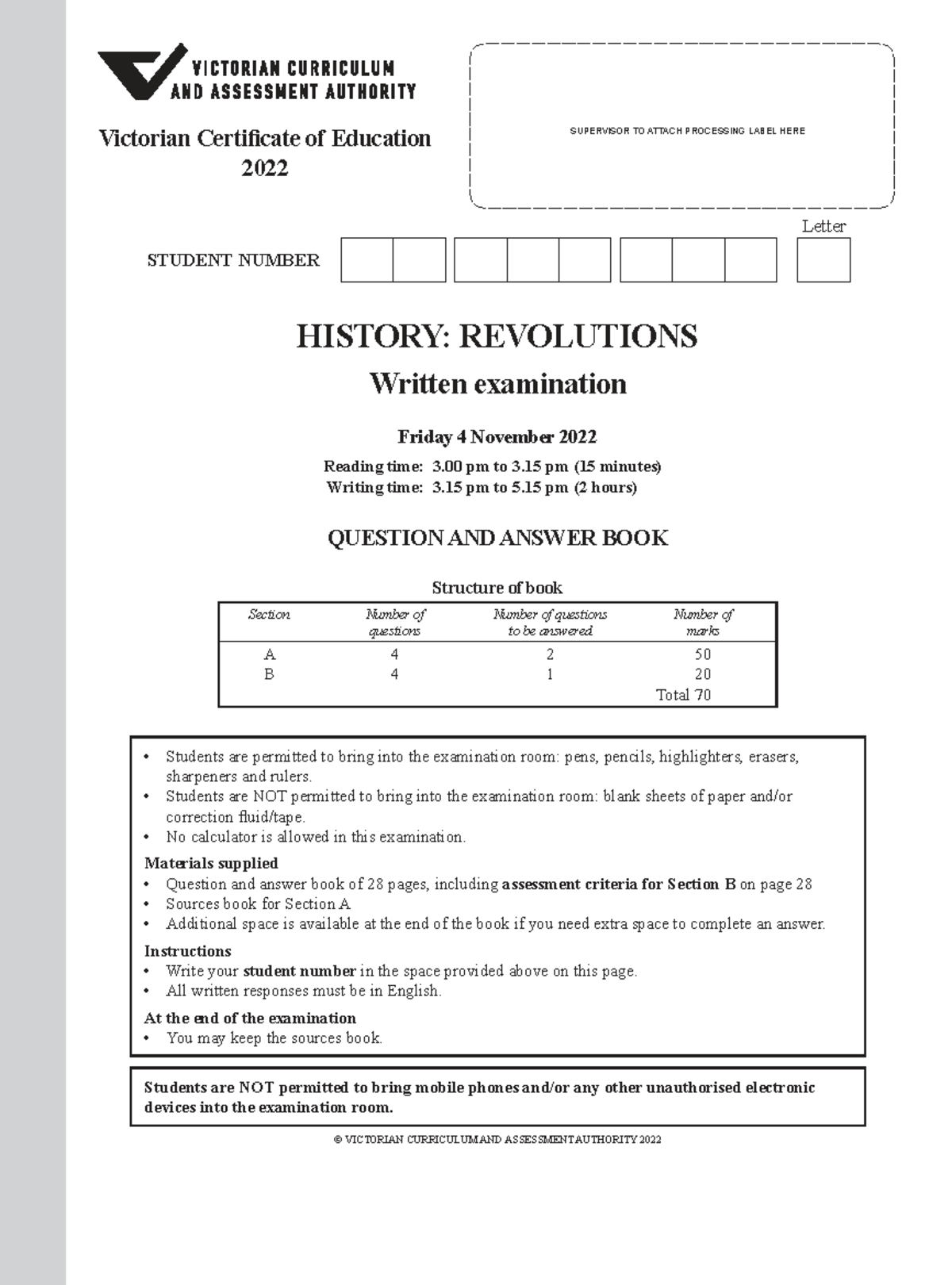 VCE 2022 History Exam: Revolutions - Written Examination Guide - Studocu