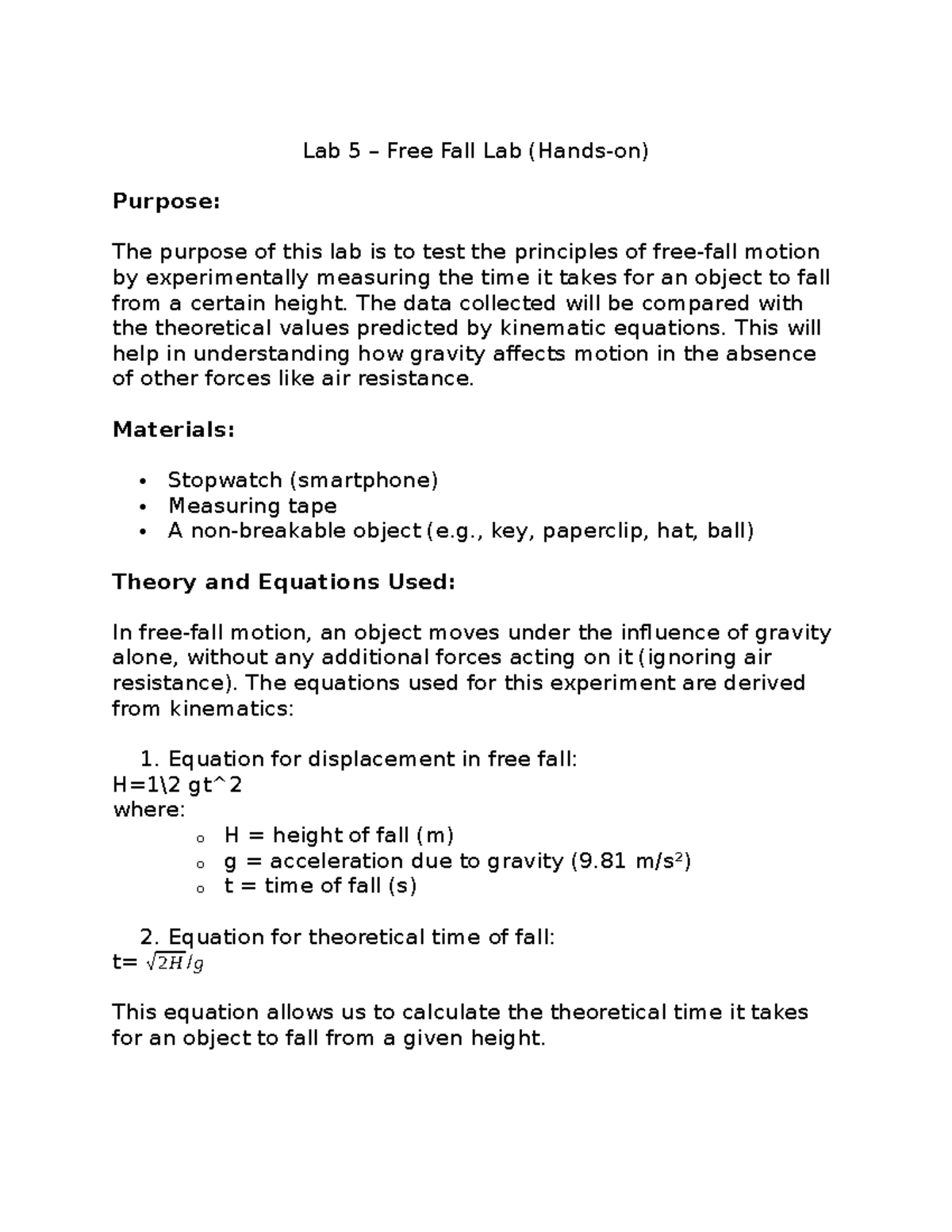 PHY - Lab 5 - Free Fall Motion Experiment Overview - Studocu