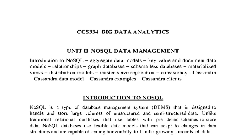 CCS334 BIG DATA ANALYTICS UNIT II: NoSQL Data Management Notes - Studocu