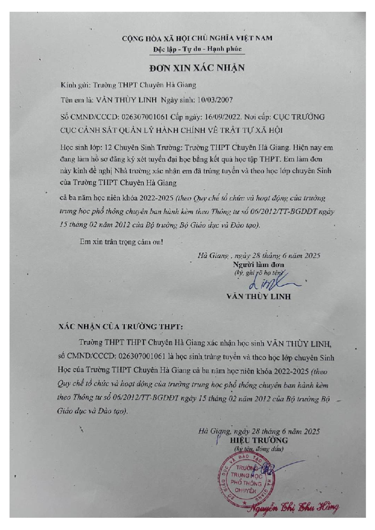 Đơn Xin Xác Nhận Học Sinh Chuyên Sinh - THPT Chuyên Hà Giang - Studocu