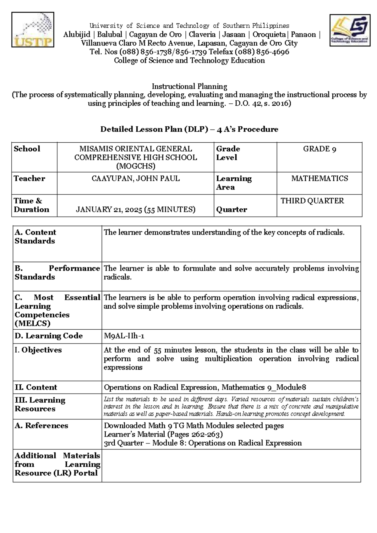 ADD SUB RAD - Detailed Lesson Plan for Grade 9 Mathematics - Studocu