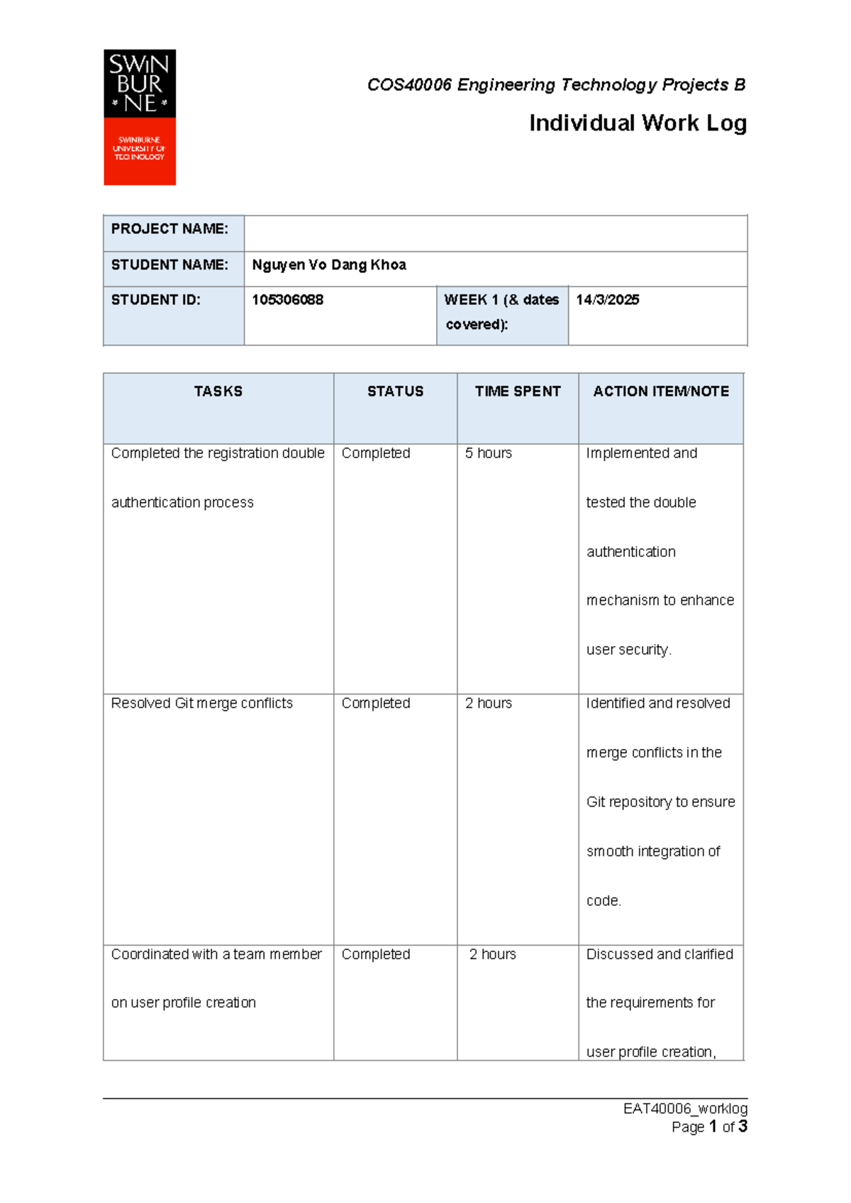 Engineering Technology Projects B: Weekly Worklog - Week 2 Sample - Studocu