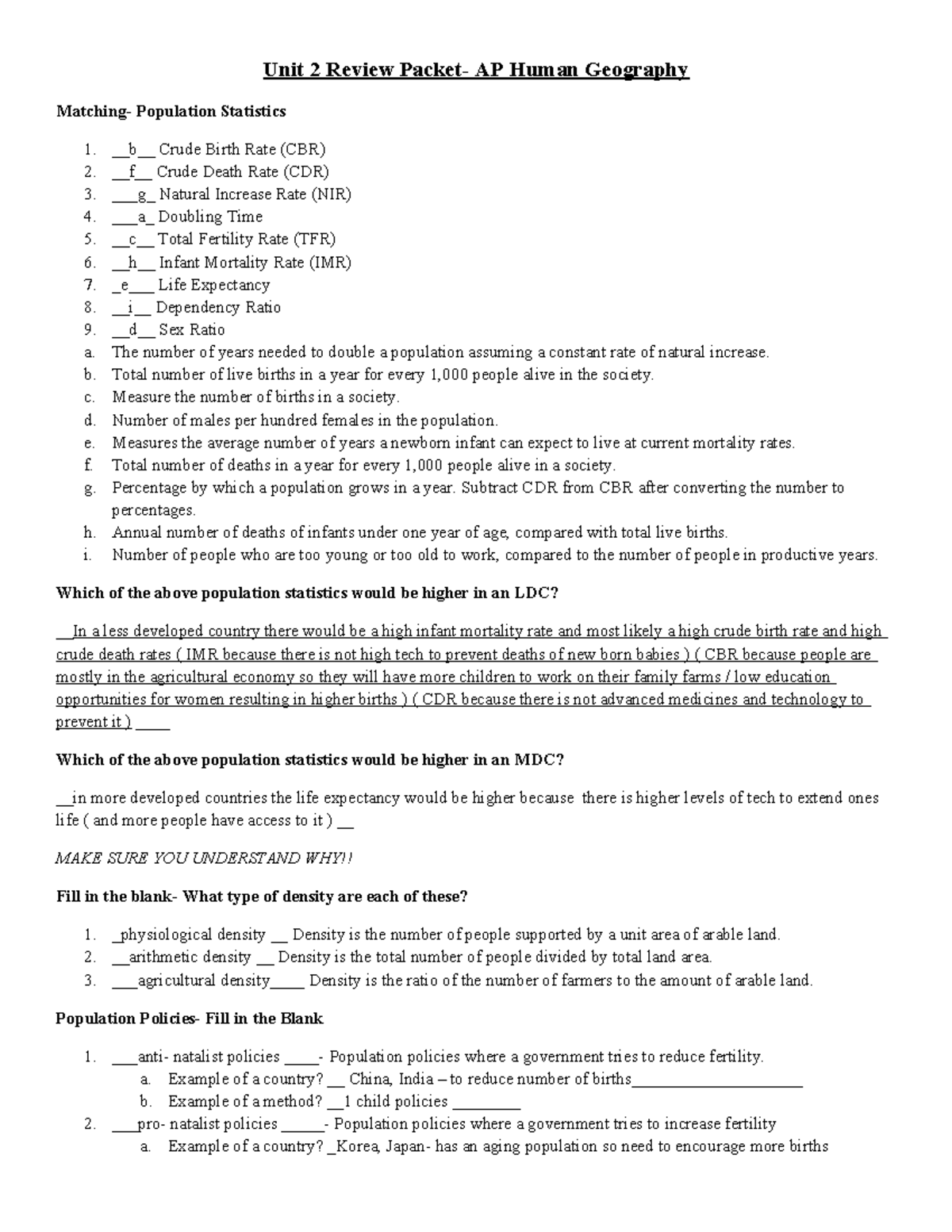 AP Human Geography Unit 2 Review Packet: Population Statistics & Trends - Studocu