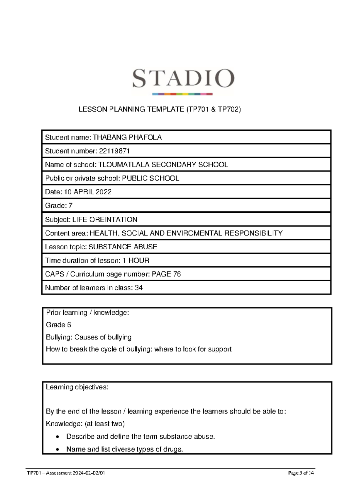 Lesson Planning Template for Substance Abuse (TP701-SS1 2024) - Studocu