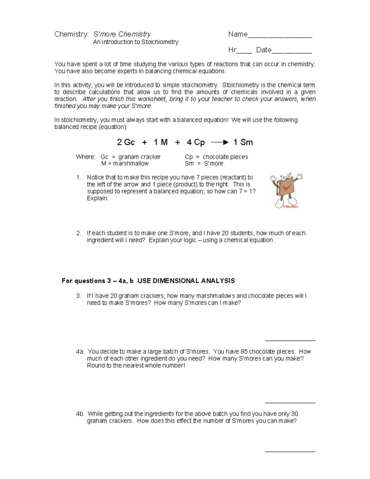 HChem - Lab Activity: S'more Stoichiometry Worksheet - Studocu