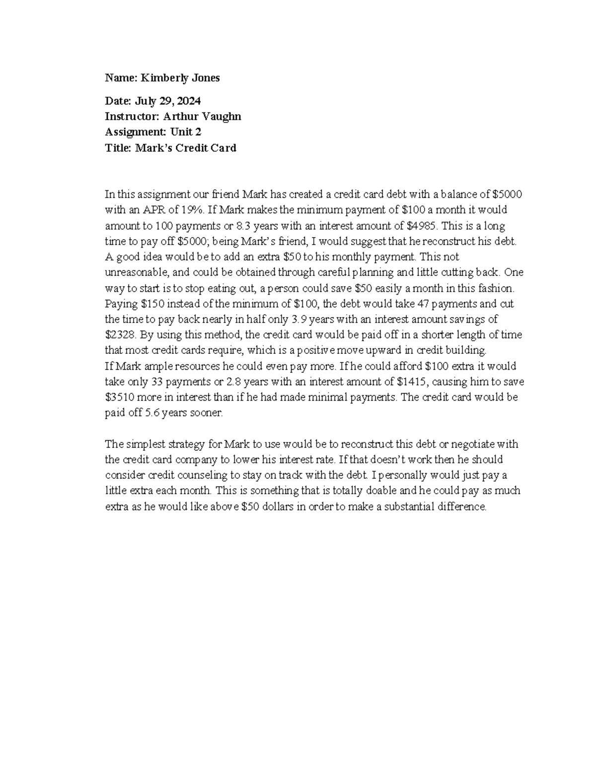 Unit 2 Assignment: Mark's Credit Card Debt Reconstruction Strategies ...