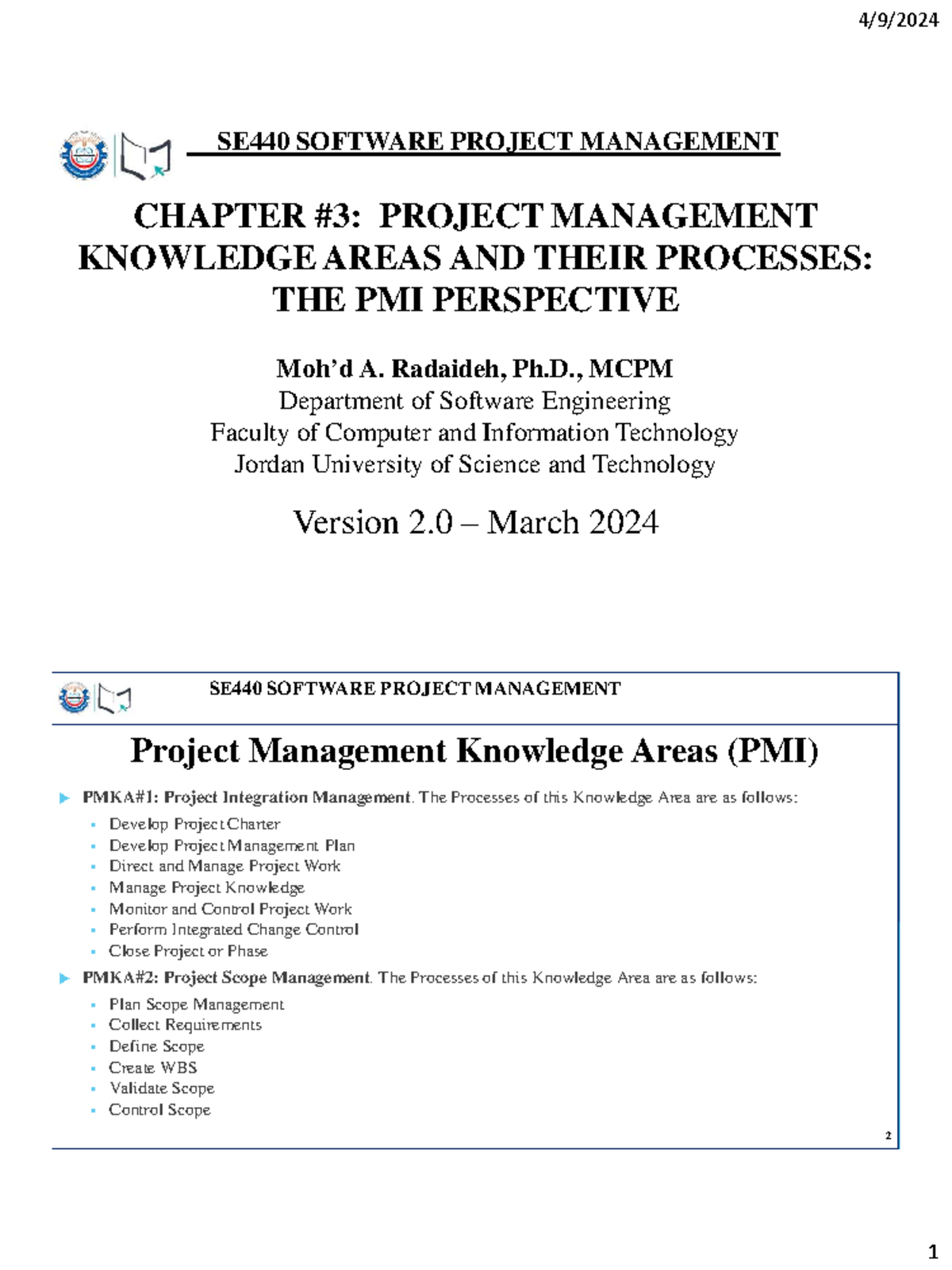 SE440 SOFTWARE PROJECT MANAGEMENT - Chapter 3: PMI Knowledge Areas - Studocu
