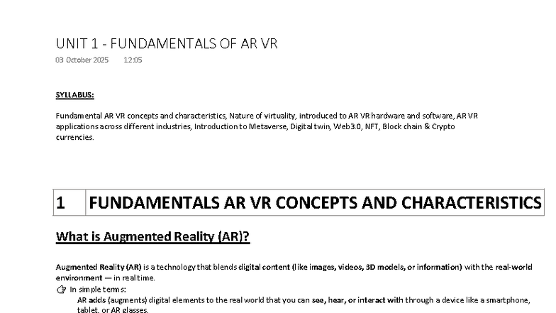 UNIT 1 - Fundamentals of AR & VR: Concepts, Applications, and ...