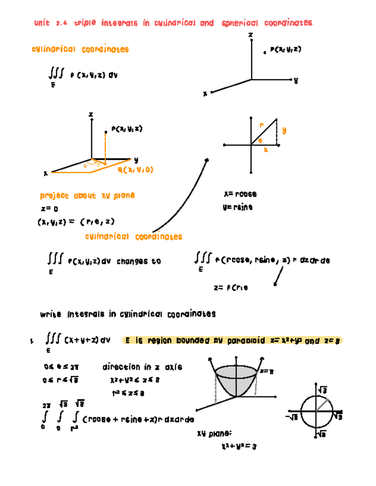 Unit 2: Triple Integrals in Cylindrical and Spherical Coordinates - Studocu