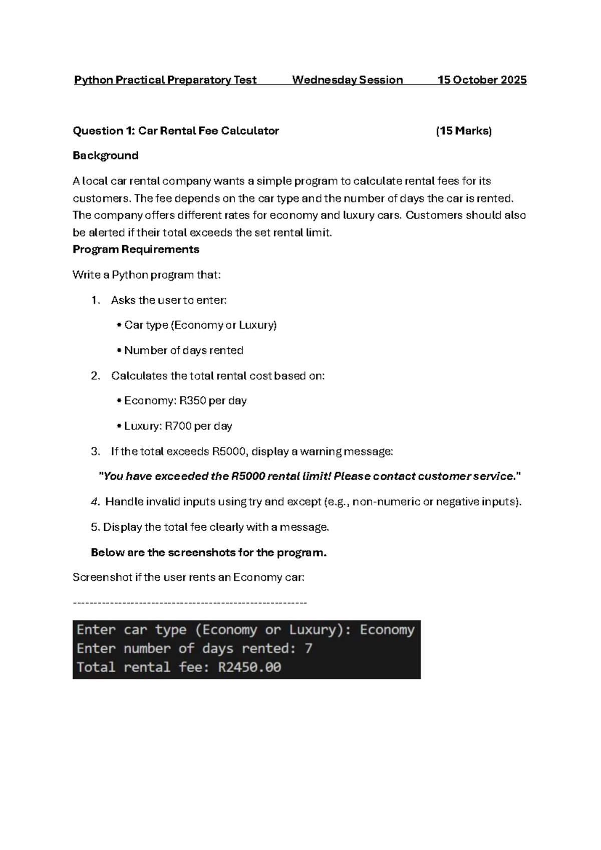 Python Practical Test: Car Rental Fee Calculator (15 Marks) - Studocu