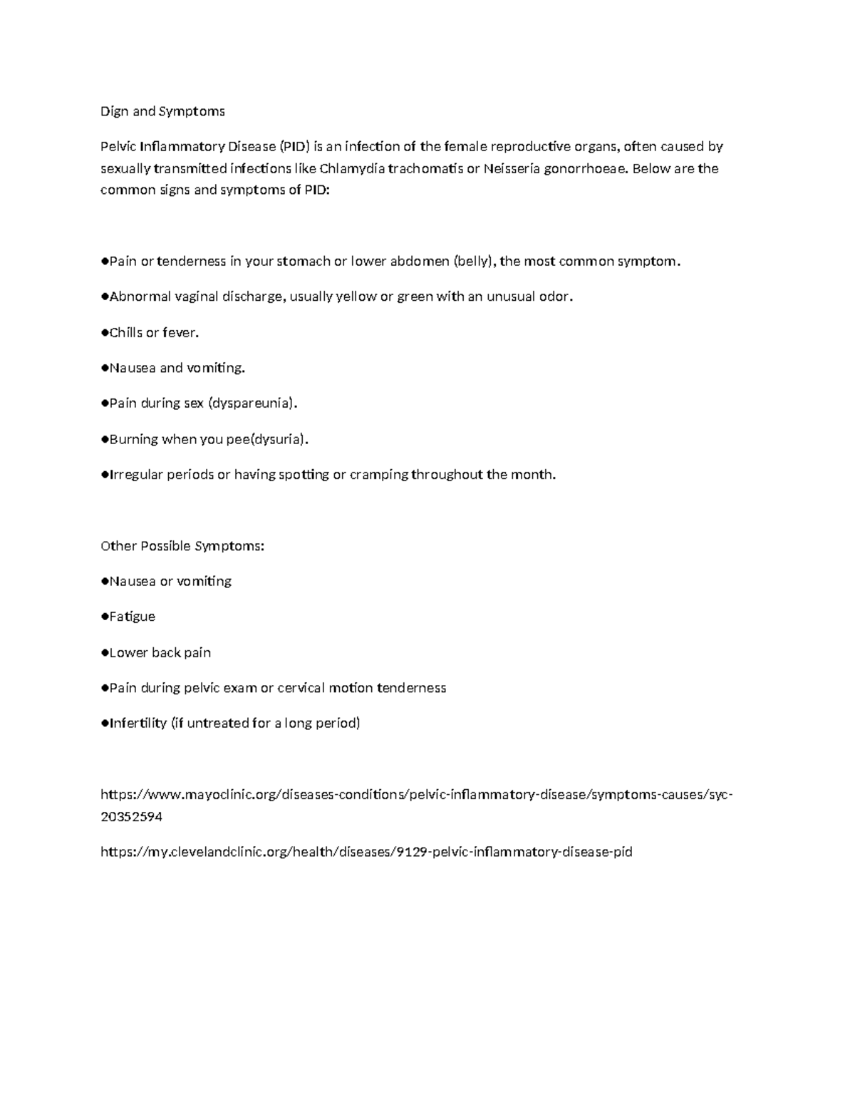PID Sign and Symptoms - notes - Dign and Symptoms Pelvic Inflammatory ...