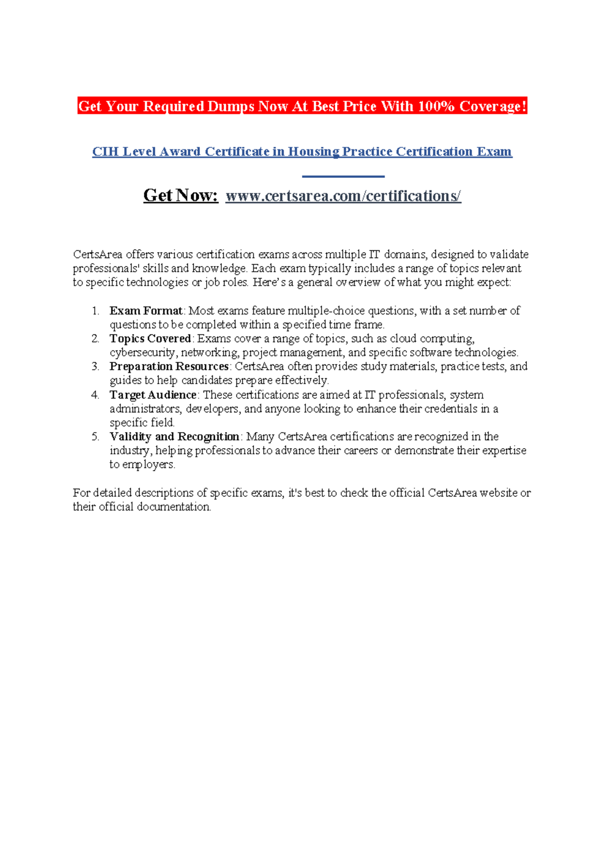 CIH Level Award Certificate in Housing Practice Certification Exam ...