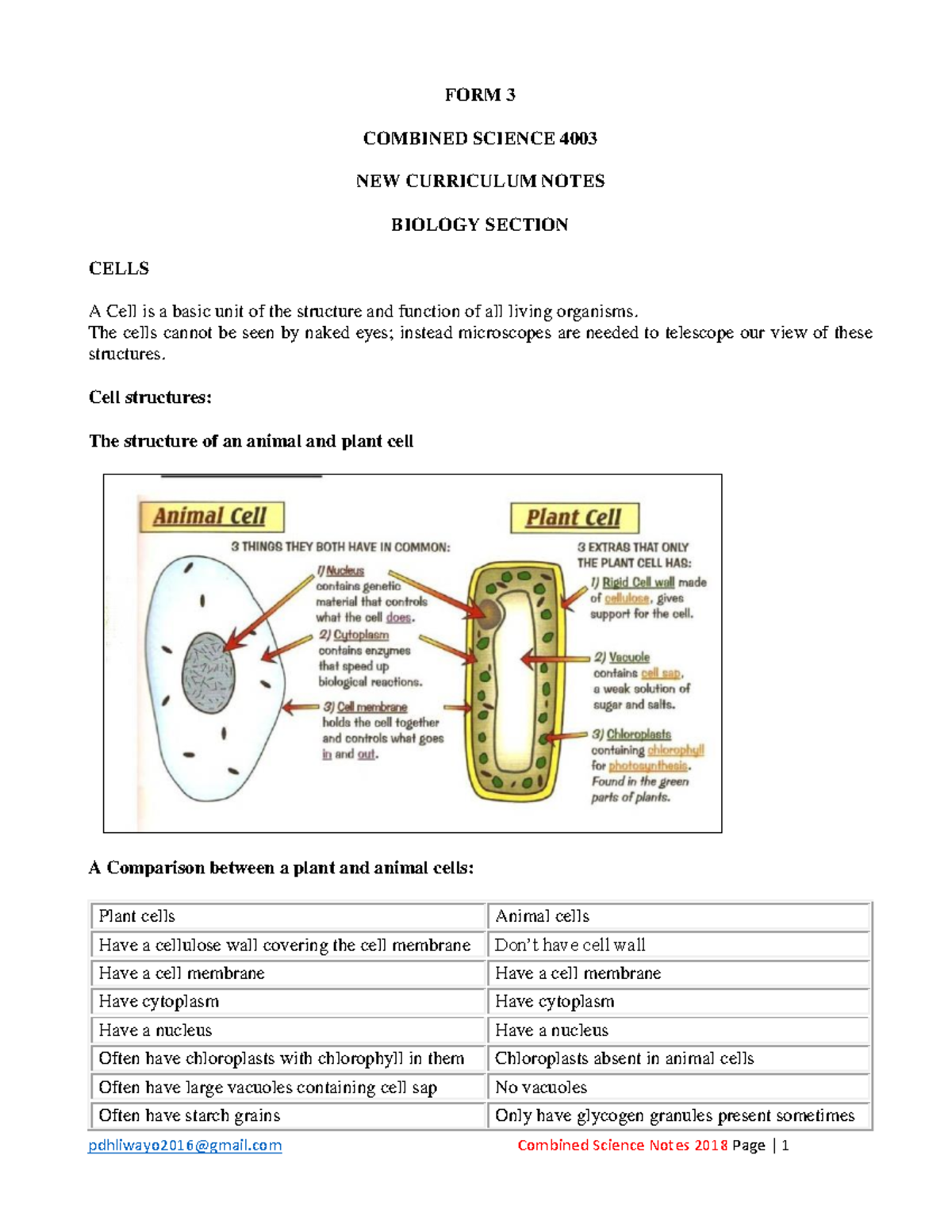 FORM 3 COMBINED SCIENCE 4003 BIOLOGY NOTES ON CELLS AND NUTRITION - Studocu