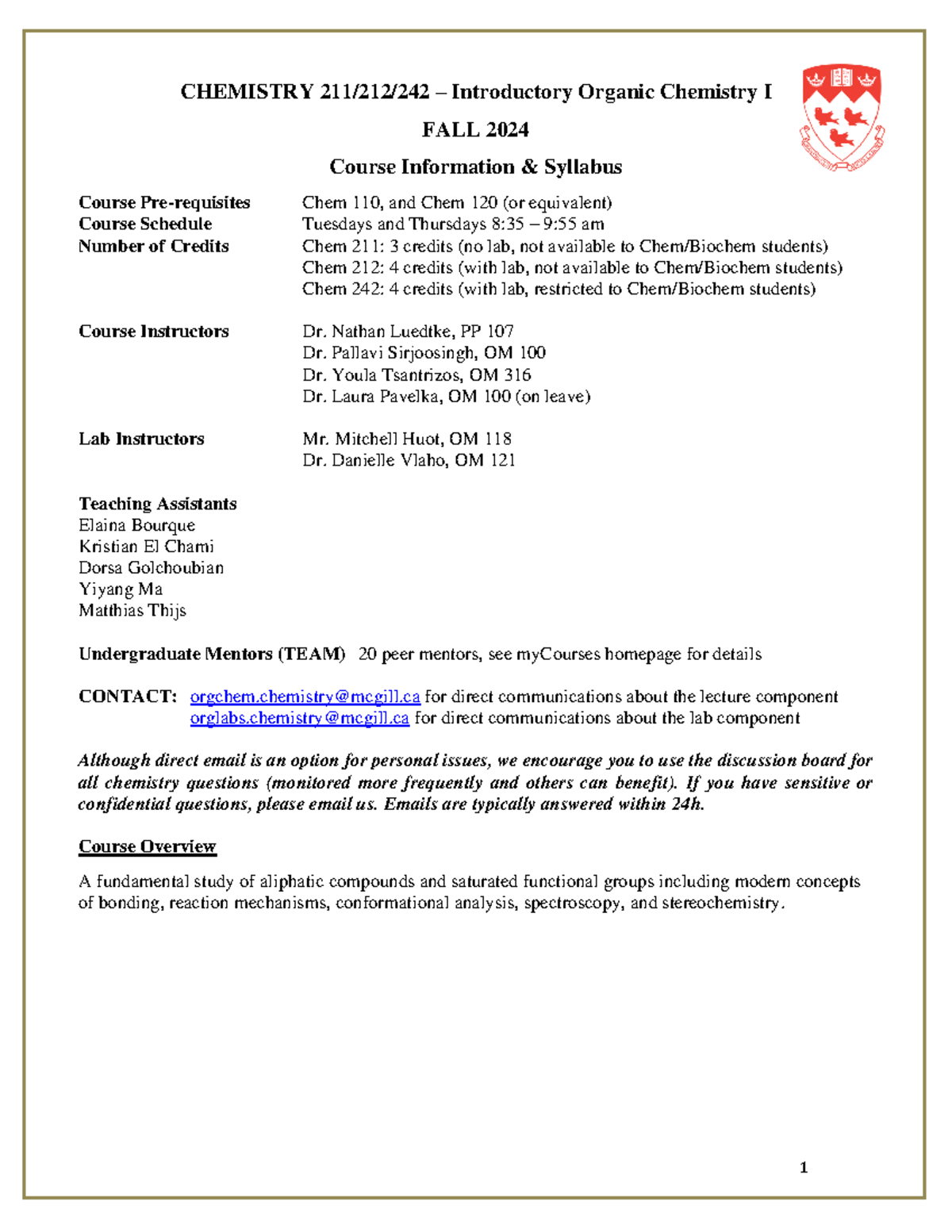 CHEM 211/212/242: Intro Organic Chemistry I Course Syllabus Fall 2024 ...