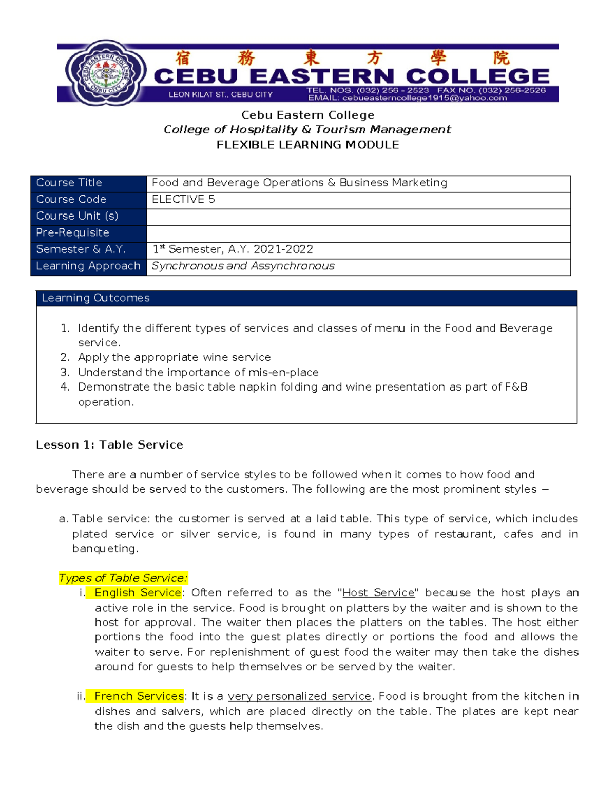 Midterm Lecture Notes: Food & Beverage Operations (Elective 5) - Studocu