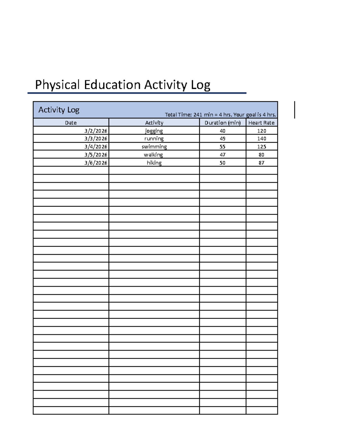 Activity+Log+blank.xlsx - Activity Log - Physical Education Activity ...