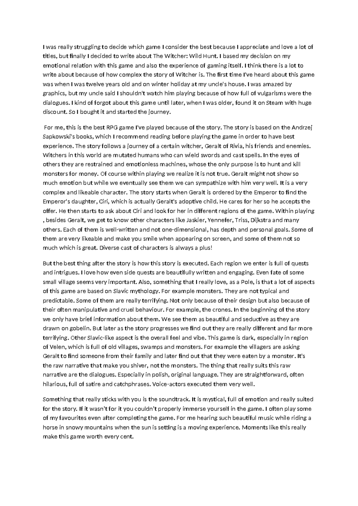 ENG 101: Essay on My Favorite Game - The Witcher: Wild Hunt - Studocu