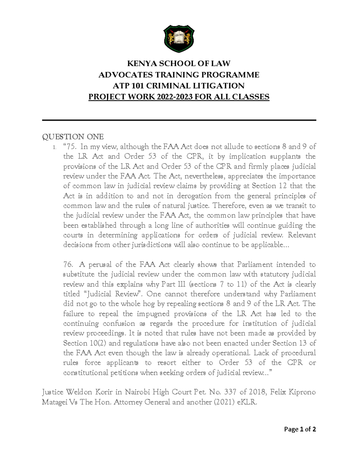 ATP 101 Criminal Litigation Project Work 2022-2023 for All Classes ...