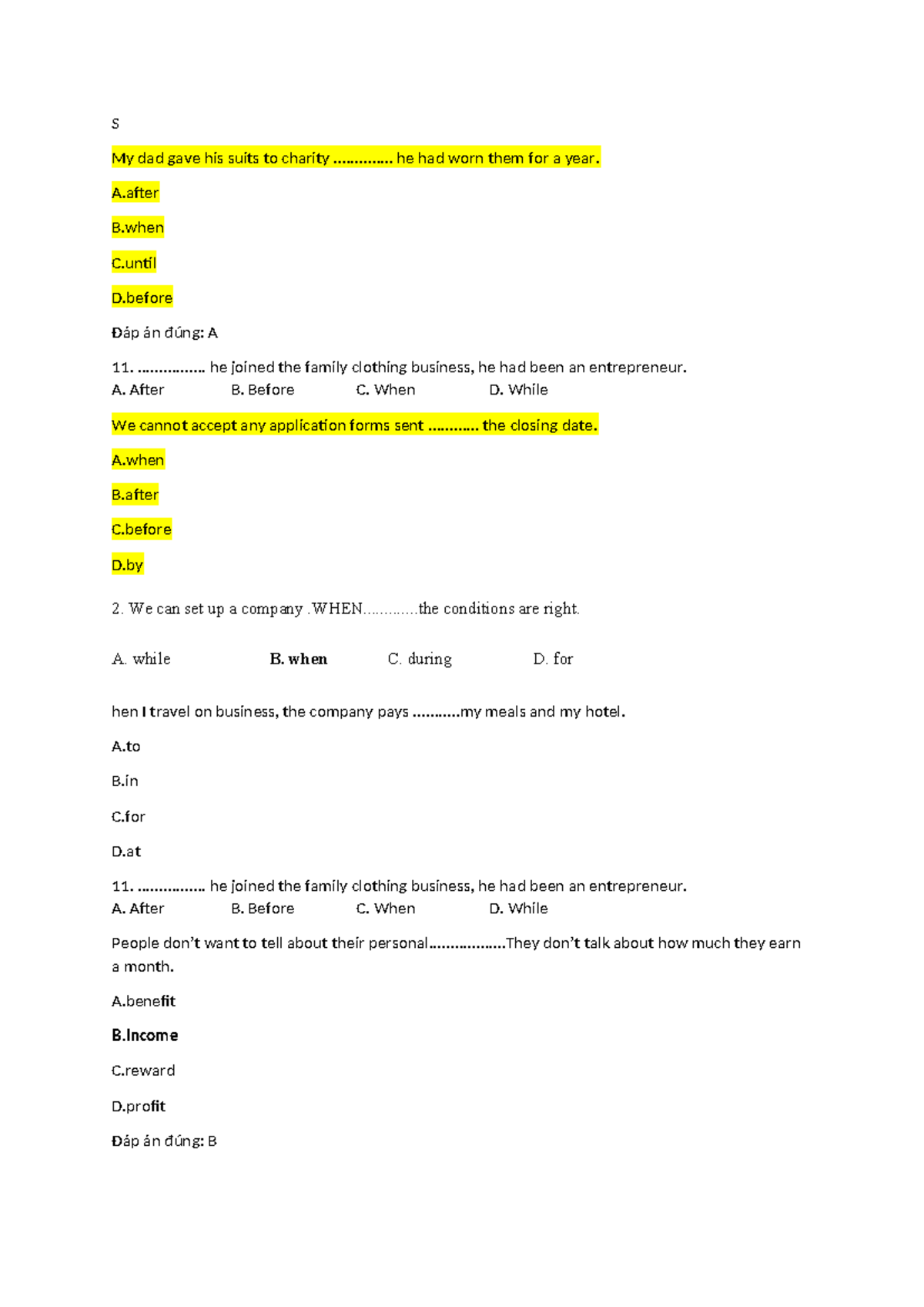 S - English Grammar Quiz: Fill in the Blanks with Answers - Studocu